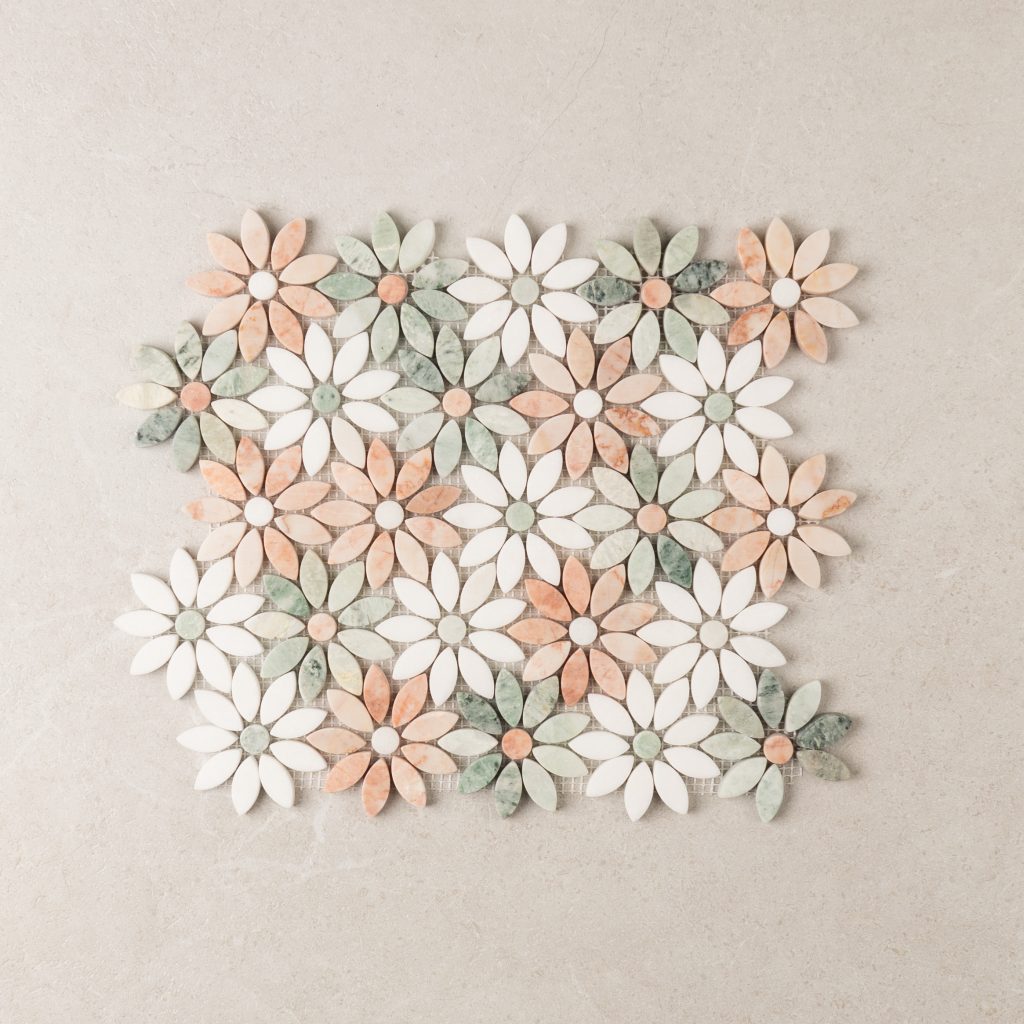 Flower Pink Green + Thassos Marble Mosaic - Design Tiles Sydney