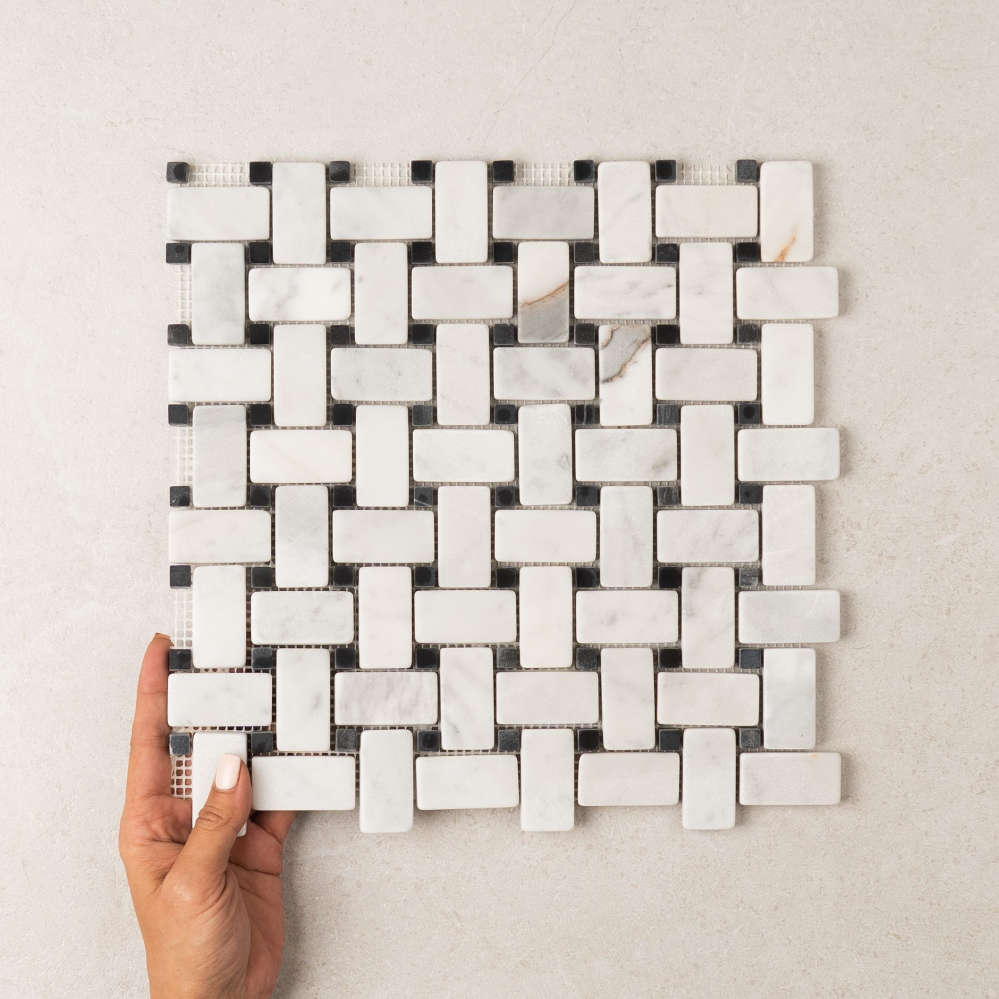 Basketweave Carrara + Nero Dot Tumbled Marble Mosaic - Design Tiles Sydney