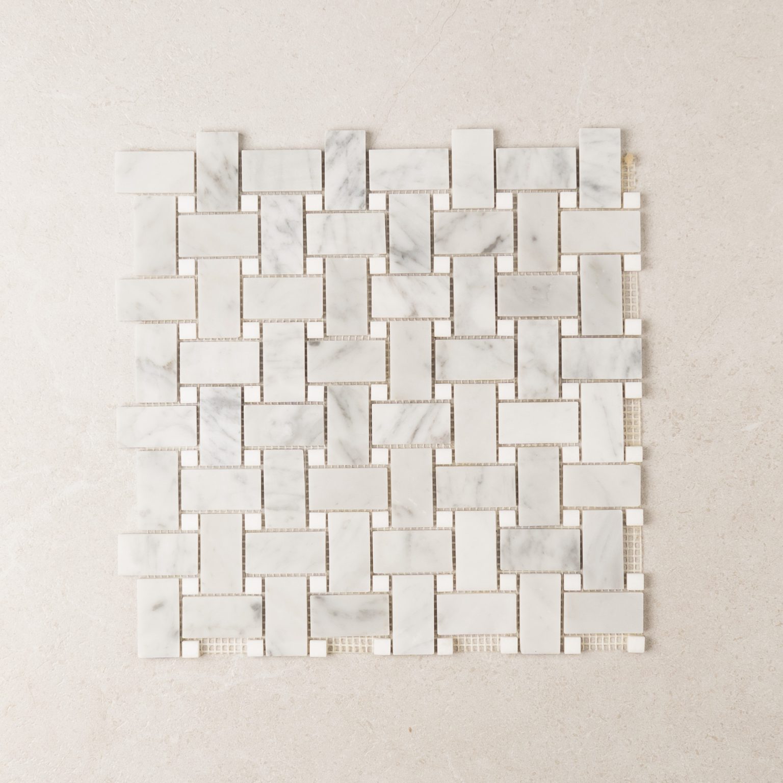 Basketweave Carrara + Thassos Dot Honed Marble Mosaic - Design Tiles Sydney