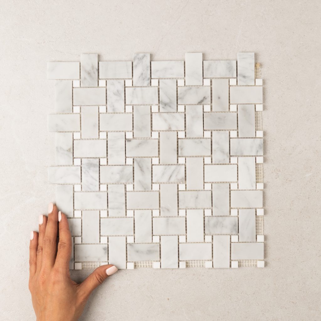 Basketweave Carrara + Thassos Dot Honed Marble Mosaic - Design Tiles Sydney