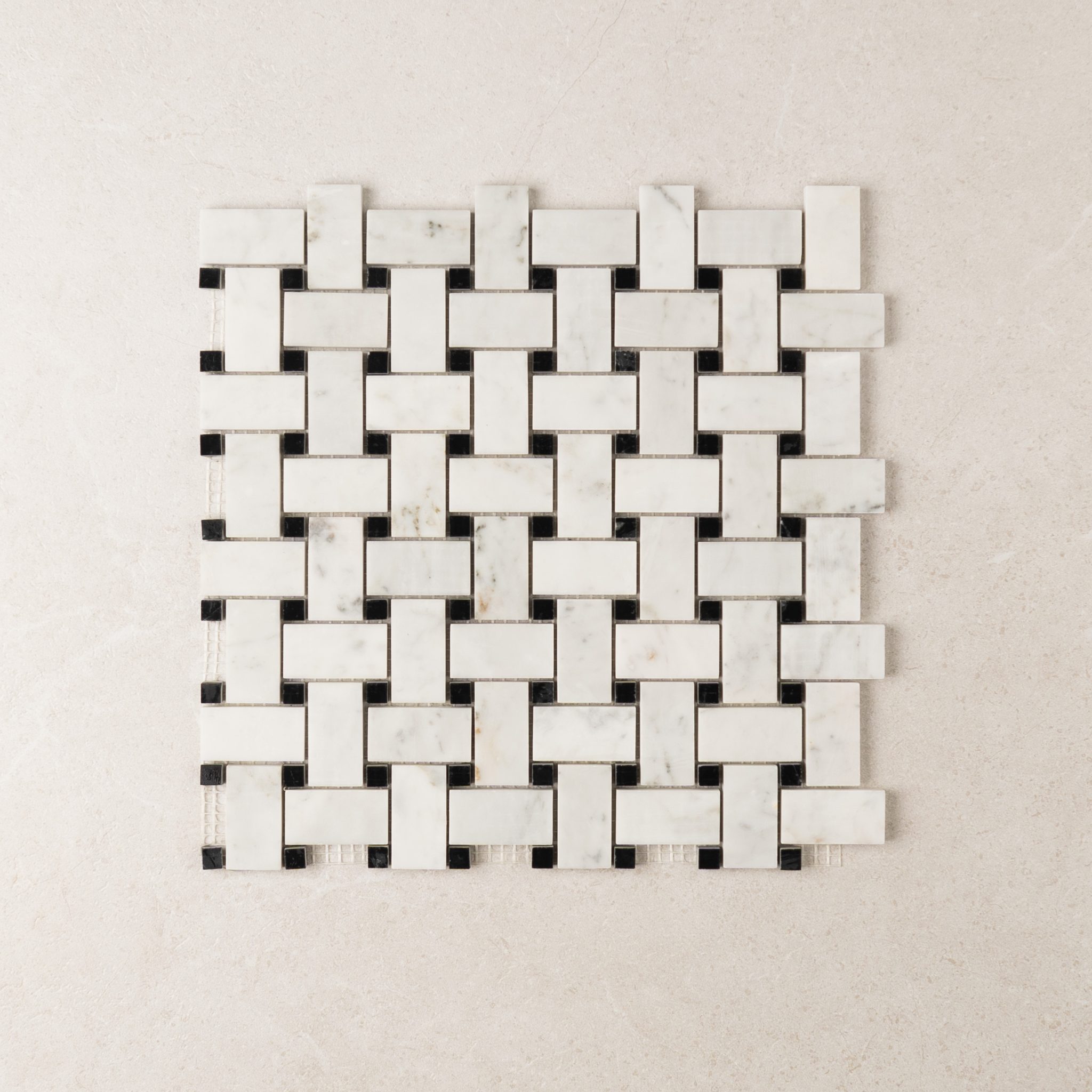 Basketweave Carrara + Nero Dot Honed Marble Mosaic - Design Tiles Sydney
