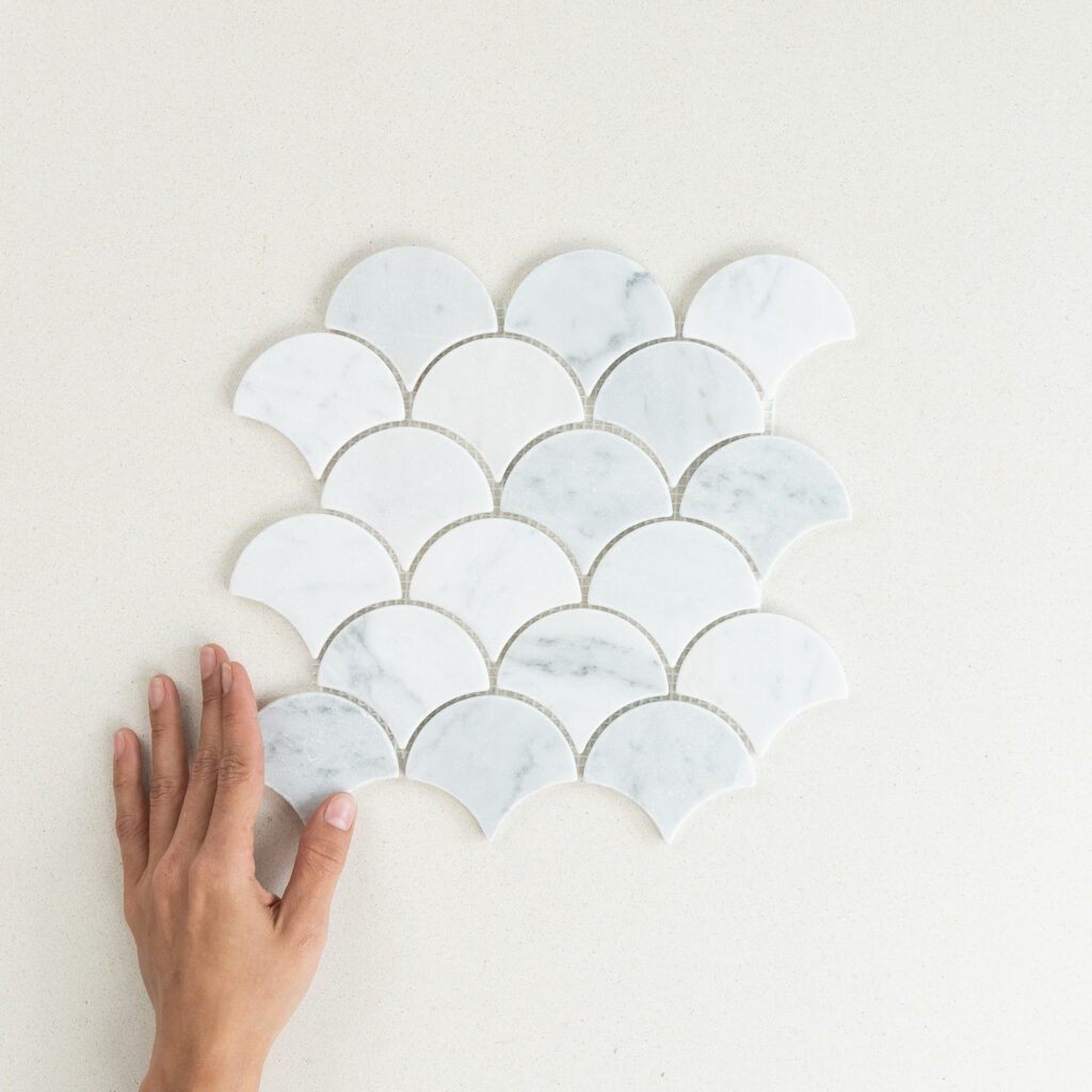 Fishscale Carrara Tumbled Marble Mosaic - Design Tiles Sydney